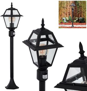 HOFSTEIN Wegeleuchte Fornelos, Wegelampe mit Bewegungsmelder aus Metall/Glas in Schwarz/Klar, Außenleuchte im Vintage/Antik/Landhaus-Design für Garten/Außenber