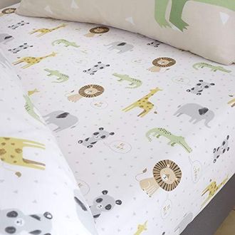 Catherine Lansfield Roarsome Animals Spannbettlaken Natur, 52% Polyester, 48% Baumwolle, Junior Fitted Sheet