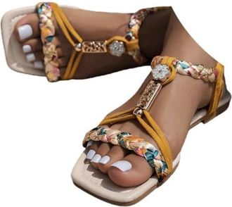 Generic Sandales de plage boh&egrave;me pour femme - Style boh&egrave;me - Avec perles et strass - Sangle de cheville &eacute;lastique - Bout ouvert - Chaussures plates d&eacute;t&eacute; - &Eacute;l&eacute;