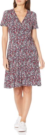 Amazon Essentials Damen Kurz&auml;rmliges Kleid mit Wickeloptik, Marineblau Streublumen, XXL