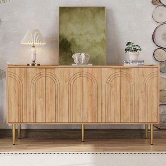 Merax Sideboard Anrichte Buffet Wohnzimmer Möbel, 140x38x75 cm, moderner Schrank mit Stauraum, Holzoptik, gewölbte Türen & goldene Eisenbeine, verstellbare 
