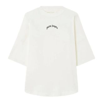 Palm Angels Femme, Tops, Blanc, Taille: 38 FR Curved Logo Over Tee