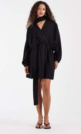 & Other Stories Robe cache-coeur courte en lin m&eacute;lang&eacute; avec d&eacute;tail foulard - Noir