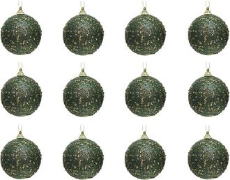 Decoris Weihnachtskugeln Kunststoff 8cm x 12 St&uuml;ck bruchsicher mit Pailletten Christbaumkugeln piniengr&uuml;n