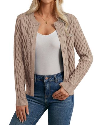 Grace Karin Strickjacke Damen Kurz Langarm Rundhals mit Zopfmuster Cardigan Kurz Strickjacke mit Kn&ouml;pfen Khaki M