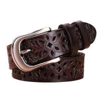 Generic Ceinture r&eacute;tro pour femme - Fleurs creuses - En cuir - Pour jeans - Large ceinture avec boucle en m&eacute;tal - &Eacute;charpe - Bonnet - Ensemble fille, caf&eacute;, M