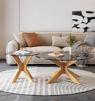 Generic Couchtisch rund 2er Set, Satztische mit Glasplatte und Holzgestell, moderner stapelbarer Beistelltisch f&uuml;r Wohnzimmer und Schlafzimmer