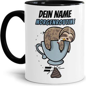 Tassendruck Tasse mit Spruch - Morgenroutine Faultier: Kaffee Kippen Kacken - mit Name Personalisieren - Lustige Kaffeetasse, Geschenk für Freunde, Kumpels, Männe