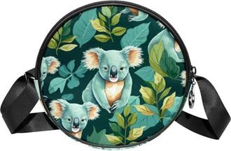Generic Sac &agrave; bandouli&egrave;re rond pour femme, motif feuilles de koalas, petit sac &agrave; bandouli&egrave;re avec fermeture &eacute;clair, bretelles r&eacute;glables, sac &agrave; main rond d&eacute;con