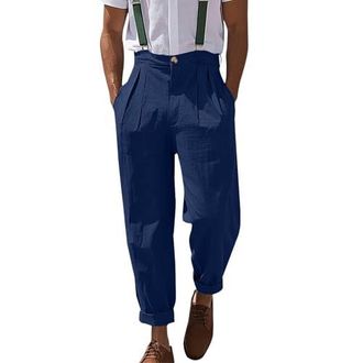 Generic Pantalon chino en coton et lin pour homme - Taille &eacute;lastique - Coupe ample - L&eacute;ger et respirant - Coupe d&eacute;contract&eacute;e - Coupe ample, bleu, XXL