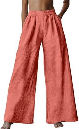 Generic Pantalon Fluide Femme Taille Elastique en Lin Pantalon Ample D&eacute;contract&eacute; en Coton pour Femme De Travail Confortable avec Poches Taille Haute L&eacute;ger Pan