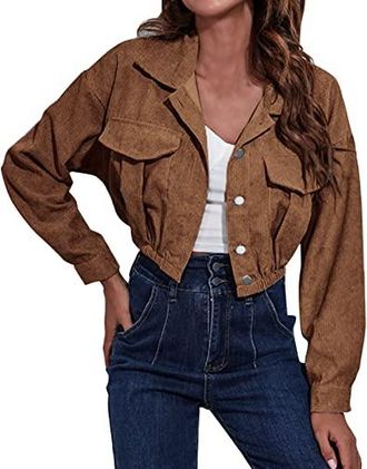 Generic Vestes pour femmes 2026 en velours c&ocirc;tel&eacute; &agrave; manches longues et &eacute;paules tombantes, kaki, XL