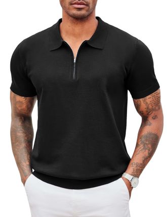 Coofandy Herren Strick-Poloshirt, kurz&auml;rmelig, Viertelrei&szlig;verschluss, l&auml;ssiger Kragen, Retro-Poloshirt, klassisches Golfshirt, Einfarbig: Schwarz, Mittel