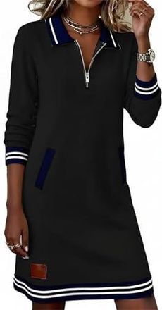 Generic Robe midi d&eacute;contract&eacute;e avec poches et col en V et demi-fermeture &eacute;clair pour femme - Pour lautomne et lhiver, Noir, XXL