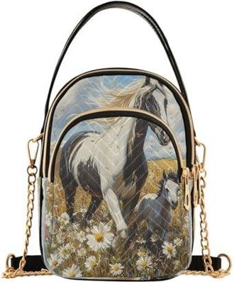 Mnsruu Petit sac &agrave; bandouli&egrave;re en cuir pour femme Motif cheval et marguerite