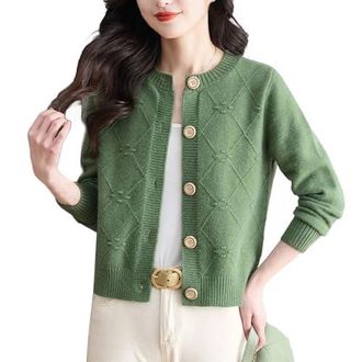 Generic Cardigan pour femme Printemps-Hiver Col rond Simple Boutonnage L&acirc;che Couleur unie D&eacute;contract&eacute; Mode &Eacute;l&eacute;gant Tricot Pull Manteau, vert, Taille XS