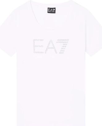 Emporio Armani Logo Series T-Shirt mit Rundhalsausschnitt und Strasssteinen - - Tops - Damen - Wei&szlig; - M