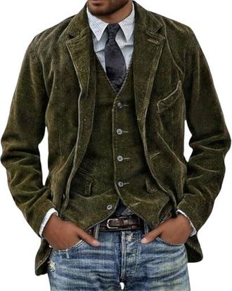 Generic Blazer de Costume Vintage en Velours c&ocirc;tel&eacute; pour Homme, Veste de Style Cowboy, Veste Travail d&eacute;contract&eacute;e, Vert arm&eacute;e, Taille Moyenne