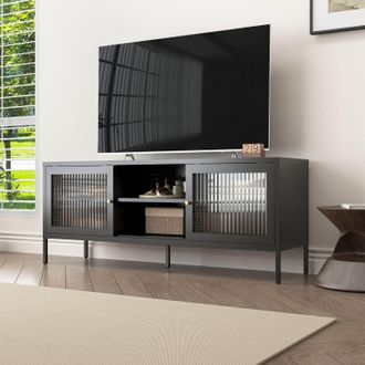 Coemo Modernes Sideboard Tokio Schwarz - Praktisches Lowboard für Wohn- oder Schlafzimmer - Metall TV-Schrank mit Regalablage und schiebbaren Glastüren - Ko