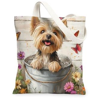 Generic Spring Yorkies Sac fourre-tout en toile pour faire du shopping 33 x 38,1 cm, joli sac &agrave; bandouli&egrave;re r&eacute;utilisable en bois de fleur rustique pour femme,