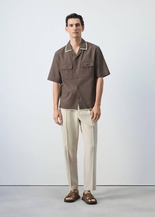 Mango Chemise coton lin col bowling chocolat - Homme - XXL - MANGO MAN