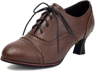 Generic Chaussures Oxford à Lacets rétro pour Femme Talons Moyens détail perforé Bout Rond Cuir Artificiel Chaussures de Robe fête Bureau Travail,Marron,42.5 