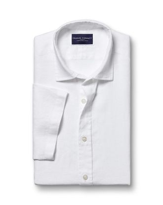 CHARLES TYRWHITT Kurz&auml;rmeliges Reines Leinenhemd - Wei&szlig; Knopfmanschette