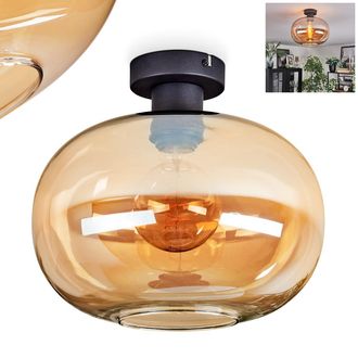 HOFSTEIN Deckenleuchte Apedo, 1-flammige Deckenlampe aus Metall/Glas in Schwarz/Bernstein, moderne Leuchte im Retro/Vintage-Design (&Oslash; 30 cm), E27, Esszimmer, W