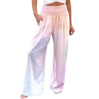 Generic Pantalon en coton et lin pour femme - Jambe large - Pantalon de plage d&eacute;t&eacute; confortable - Pantalon de yoga Palazzo - XIYU26091, rose clair, XXL