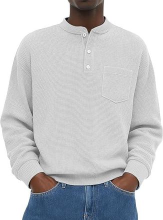 Generic Polo gaufr&eacute; pour homme avec poche de poitrine et col rond - T-shirt Henley grande taille - T-shirt &agrave; bouton 1/4 - Coupe confortable - Couleur unie - P