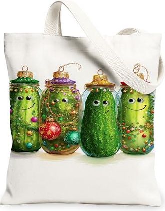 Generic Sacs fourre-tout en toile motif cornichon de No&euml;l, sacs d&eacute;picerie r&eacute;utilisables, l&eacute;gers et lavables avec bandouli&egrave;re en toile, blanc, 13x15 Inch