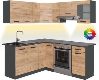 Vicco Eckk&uuml;che Rick, Goldkraft Eiche/Anthrazit, 187 x 60 cm, AP Schwarz Gemustert mit LED-Leisten