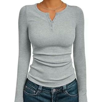 Generic QXDZSW T-shirt &agrave; manches longues pour femme Col dautomne c&ocirc;tel&eacute; Style basique, gris, XXL