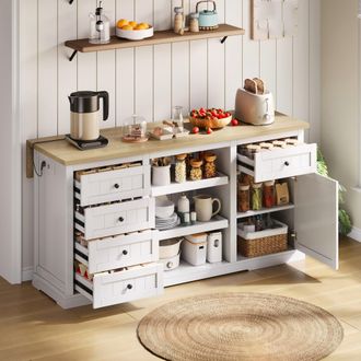 Generic Kücheninsel mit 5 Schubladen 2 Ausziehböden Klappbarer Erweiterungsplatte integrierten Steckdosen Buffet für Esszimmer Wohnzimmer Anrichte Sideboard K
