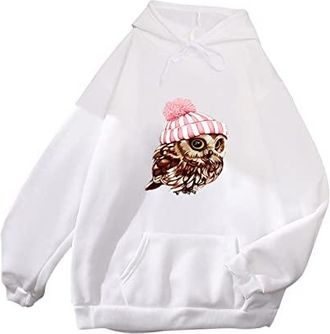 Generic Sweat &agrave; capuche mignon &agrave; manches longues pour femme, imprim&eacute; hibou, imprim&eacute; animal, haut pour adolescentes, v&ecirc;tements esth&eacute;tiques, blanc, 3XL