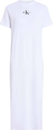 Calvin Klein Damen T-Shirt Kleid Monologo Long Rib Tee mit Rundhalsausschnitt, Wei&szlig; (Brilliant White), XXS