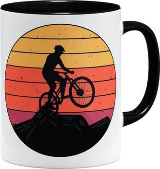 OM3 Retro Sunset Mountainbike Tasse mit Fahrrad MTB Bicycle Biking - Keramik Becher - 11oz 325ml - Beidseitig Bedruckt - Schwarz