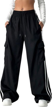 SOLY HUX Damen Baggy Cargohose Y2K Cargo Hose Lang Freiziethose mit Taschen Elastische Taille Trainingshose Sweathose Streatwear Schwarz L