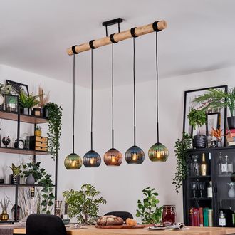 HOFSTEIN Pendelleuchte Koyoto, 5-flammige Hängelampe aus Metall/Holz/Riffelglas in Schwarz/Natur/Blau/Grün/Kupfer, Hängeleuchte im Boho/Retro-Design mit Holzst