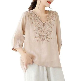 Generic Chemise en lin pour femme - Coupe ample - Col en V - Motif floral brod&eacute; - Chemisier d&eacute;t&eacute; d&eacute;contract&eacute; - V&ecirc;tements de plage et de vacances, beige, XXL
