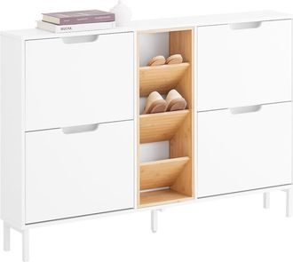 SoBuy Schuhschrank Schmal Schuhkipper Schmal - 4 Klappen & offene F&auml;cher, ultraflacher Schuhregal Flurschrank - Wei&szlig; Bambus Design, stabil mit Metallf&uuml;&szlig;en, 