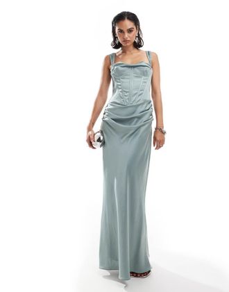 Asos Robe corset longue en satin avec drap&eacute; et la&ccedil;age dans le dos - Vert deau