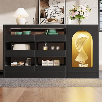 Generic LZPUOUI Sideboard k&uuml;chenschrank schwarz anrichte Sideboard mit Glasplatte und LED Kommode mit Schubladen Stauschrank 120 cm aus MDF Beistellschrank f&uuml;