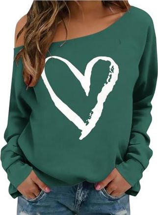 Generic Sweat-shirt &agrave; &eacute;paules d&eacute;nud&eacute;es avec imprim&eacute; coeur pour femme - Manches longues - Col rond - Pull d&eacute;contract&eacute; - Vert noir&acirc;tre