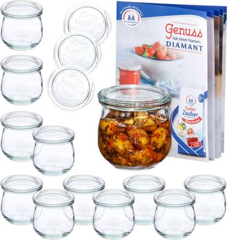 MamboCat 12er Set WECK-Tulpenglas 370 ml + 12 Glas-Deckel RR80 + Rezeptheft | Marmeladen-Gläschen klar | Ø 9 cm | Einmachen, Einkochen & Konservieren | Einweck