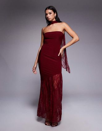 Fashionkilla Robe bandeau longue et moulante en tissu double &eacute;paisseur avec d&eacute;tail foulard et ourlet transparent bord&eacute; de dentelle - Bordeaux-Rouge