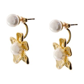 Self Portrait Flower Pearl Jacket Earrings - Gold