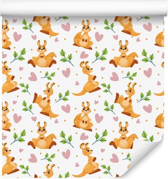OEM Carta Da Parati Con Canguri, Bianca E Crema, Per Soggiorno E Camera Da Letto, 50x1000 Cm