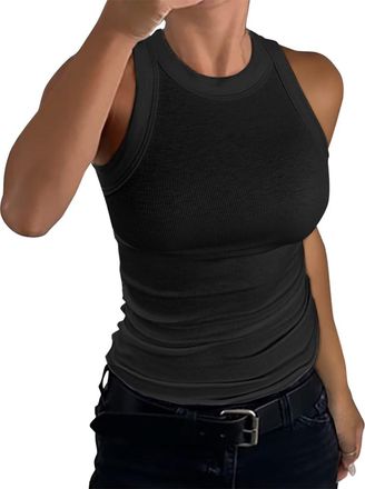 Minetom Damen Tank Top &Auml;rmellose Sommer Sexy Crop Tops Racerback T Shirt Rundhals Einfarbig Basic Slim Fit Shirts Elegant Gerippt Oberteile Ribbed Knit Camiso