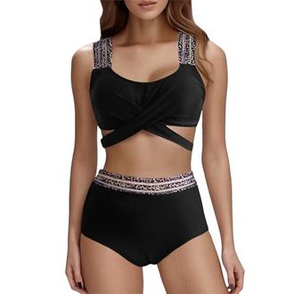 Generic Maillot de Bain pour Femme Push Up Rembourr&eacute; Deux Taille Haute avec Haut Sexy 2 Pi&egrave;ces Triangle Bikini Set Ties-Up R&eacute;glables Dos Nu Bandeau Contr&ocirc;le d